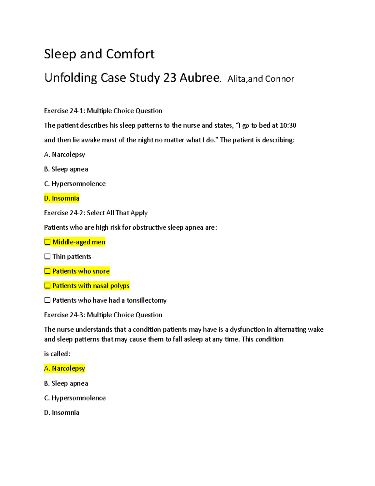 Case Study Rest 2 corrected - Sleep and Comfort Unfolding Case Study 23 ...