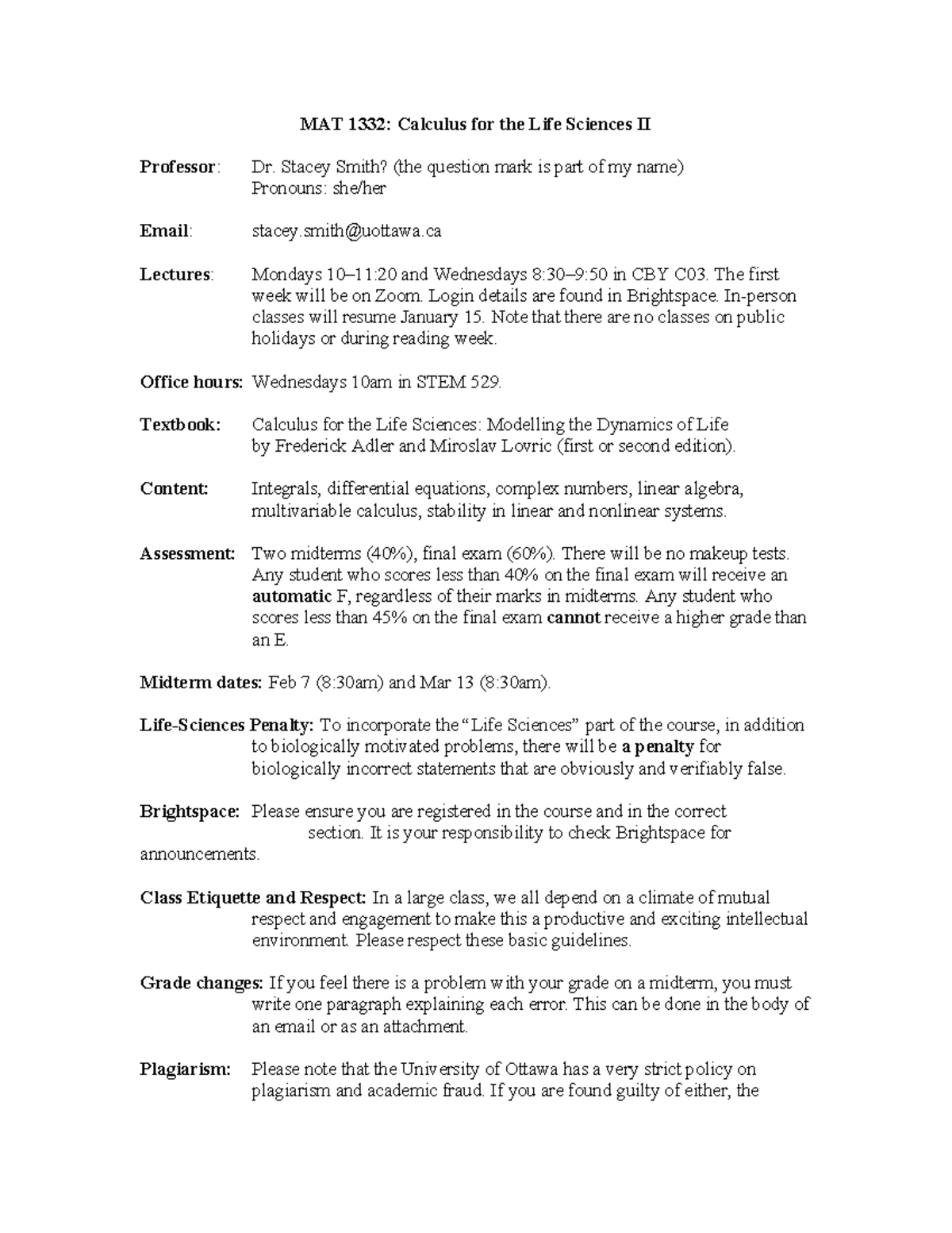 MAT1332 syllabus-Brightspace - MAT 1332: Calculus for the Life Sciences ...