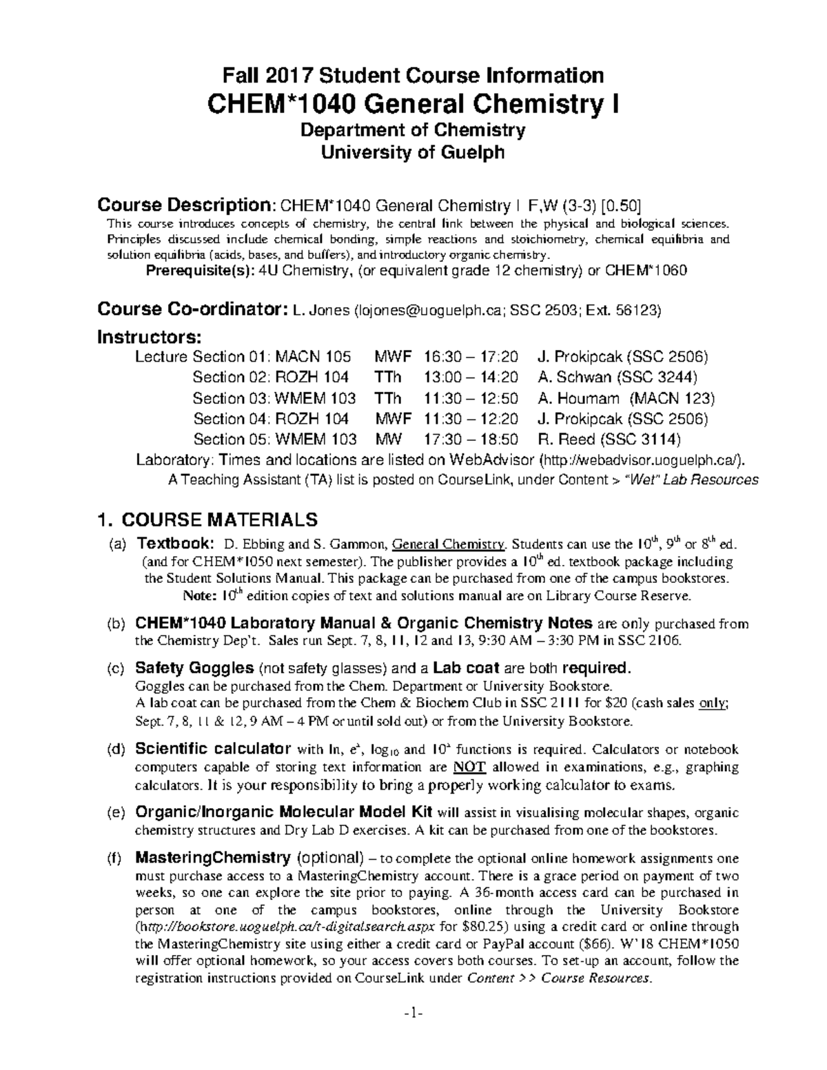 F17 chem1040 outline - Fall 2017 Student Course Information CHEM*1040 ...