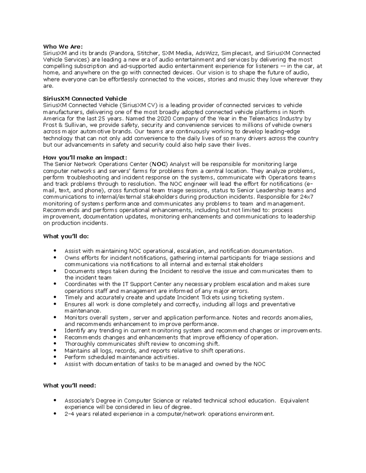 NOC Analyst JD - job - Who We Are: SiriusXM and its brands (Pandora ...
