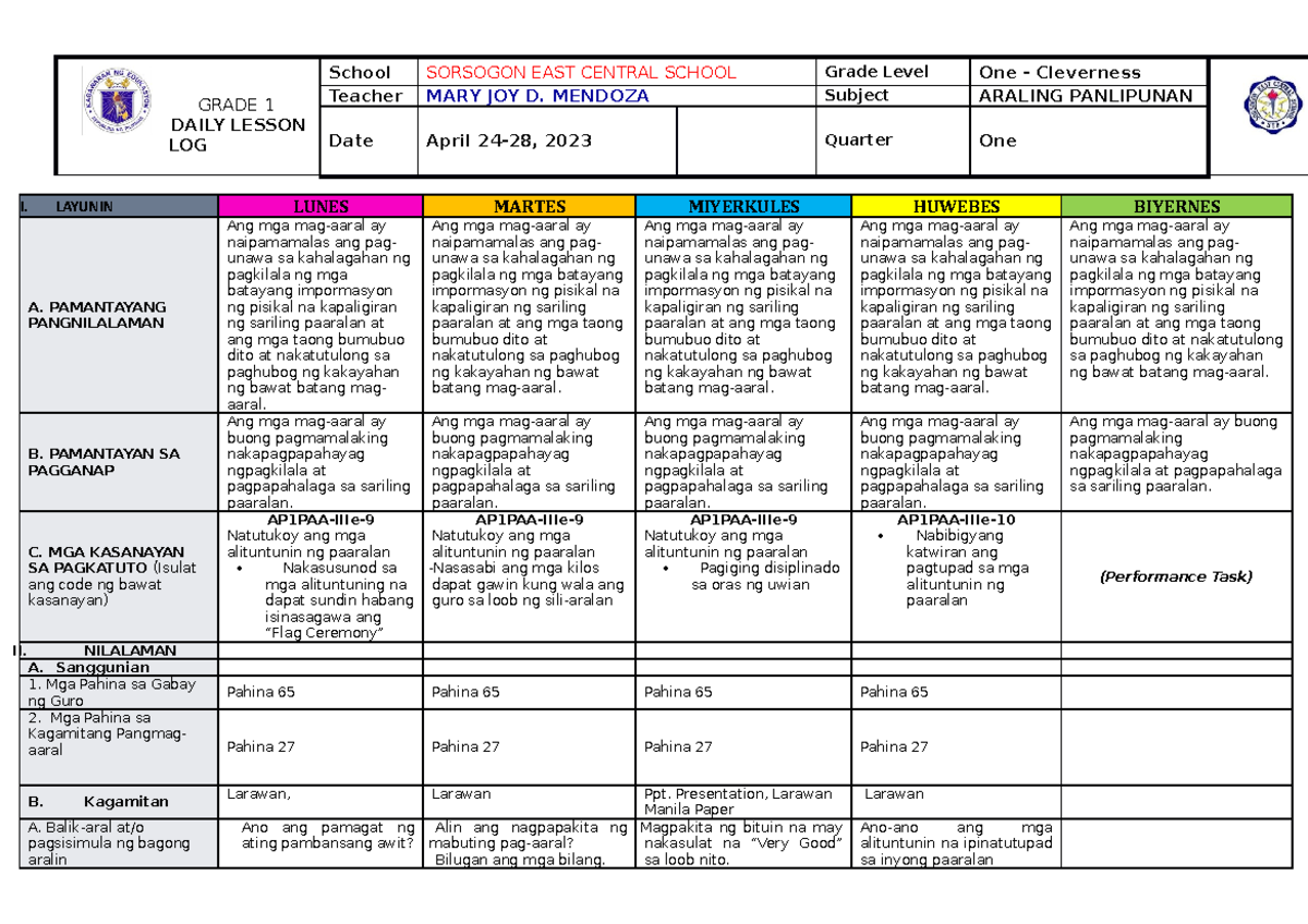 AP Third Quarter WEEK 5 - LESSON PLAN SAMPLE - GRADE 1 DAILY LESSON LOG ...