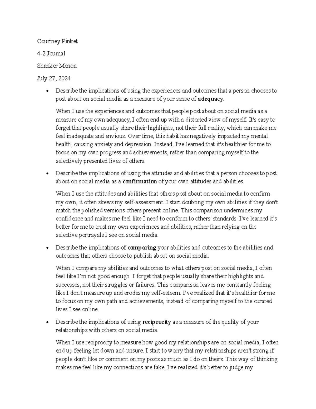 Journal week 4 - Courtney Pinket 4 - 2 Journal Shanker Menon July 27 ...