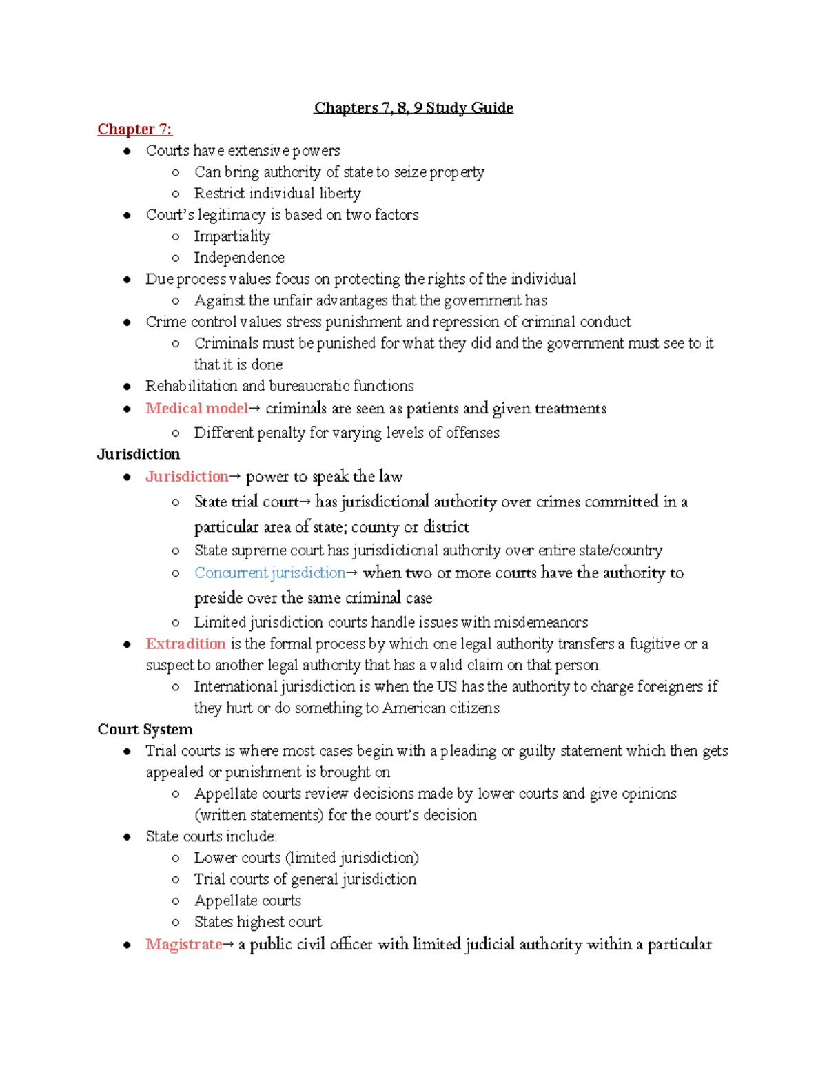 Exam 3 Study Guide - Chapters 7, 8, 9 Study Guide Chapter 7: Courts ...