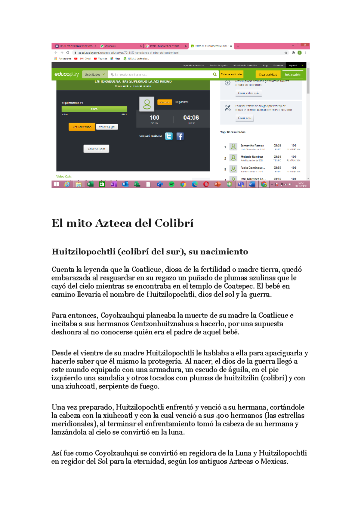 El mito Azteca del Colibrí - El mito Azteca del Colibrí Huitzilopochtli ...