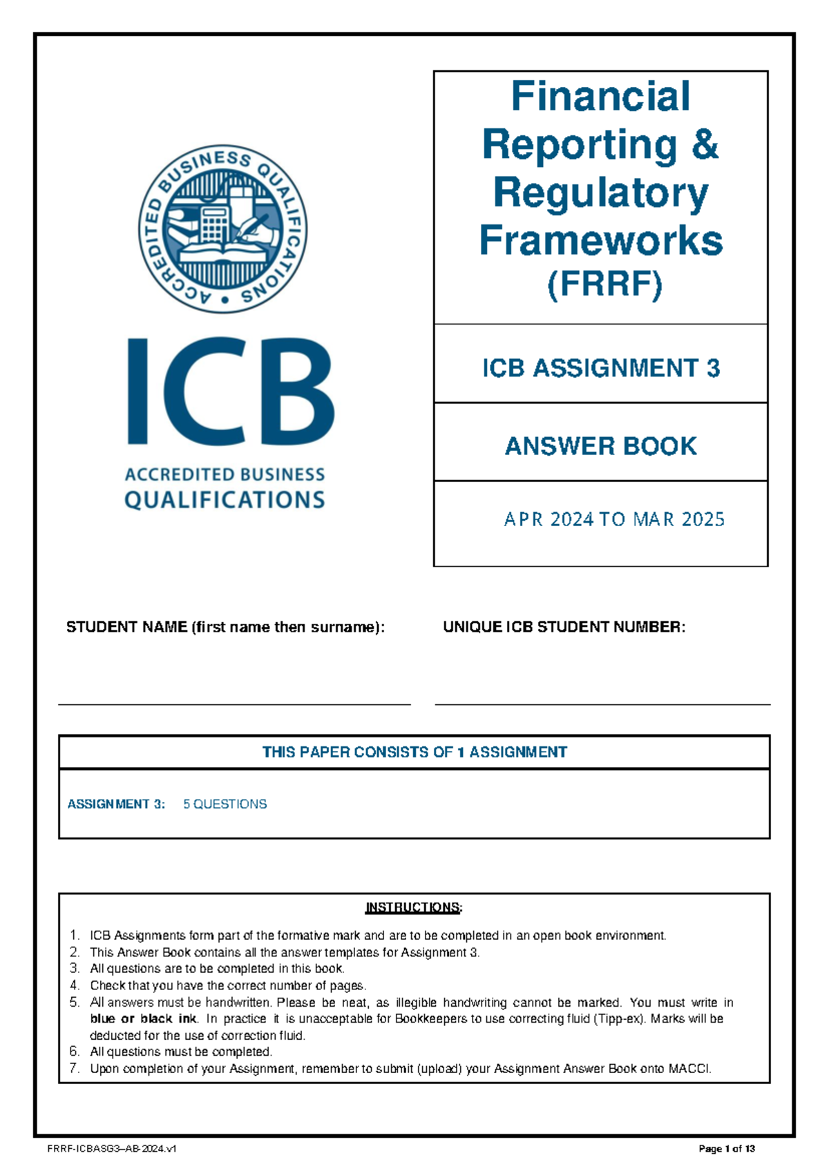FRRF-ICB Assignment 3-AB-2024 - ####### Page 1 of 13 Financial ...
