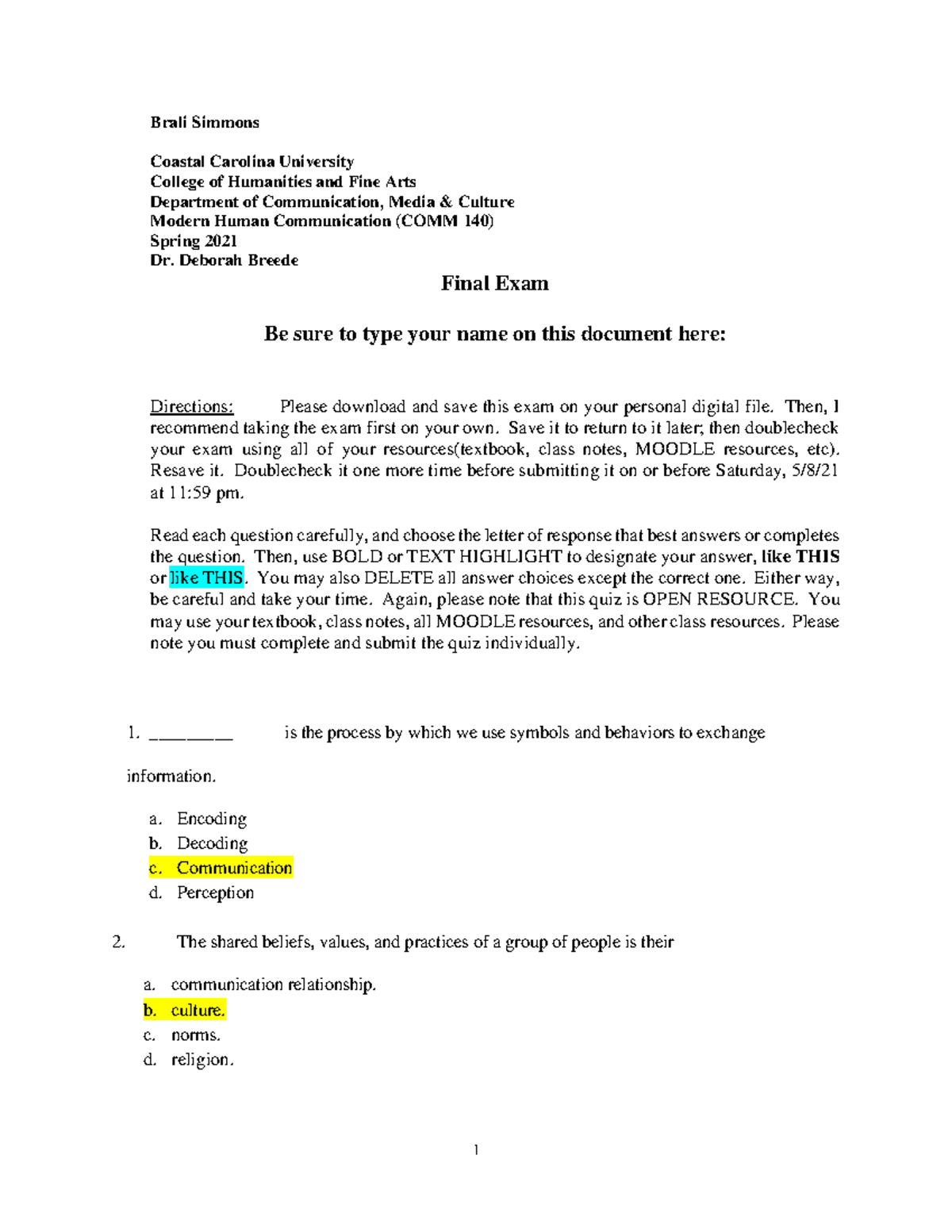 Final Exam Cumulative COMM 140 Modern Human Communication pdff - Brali ...