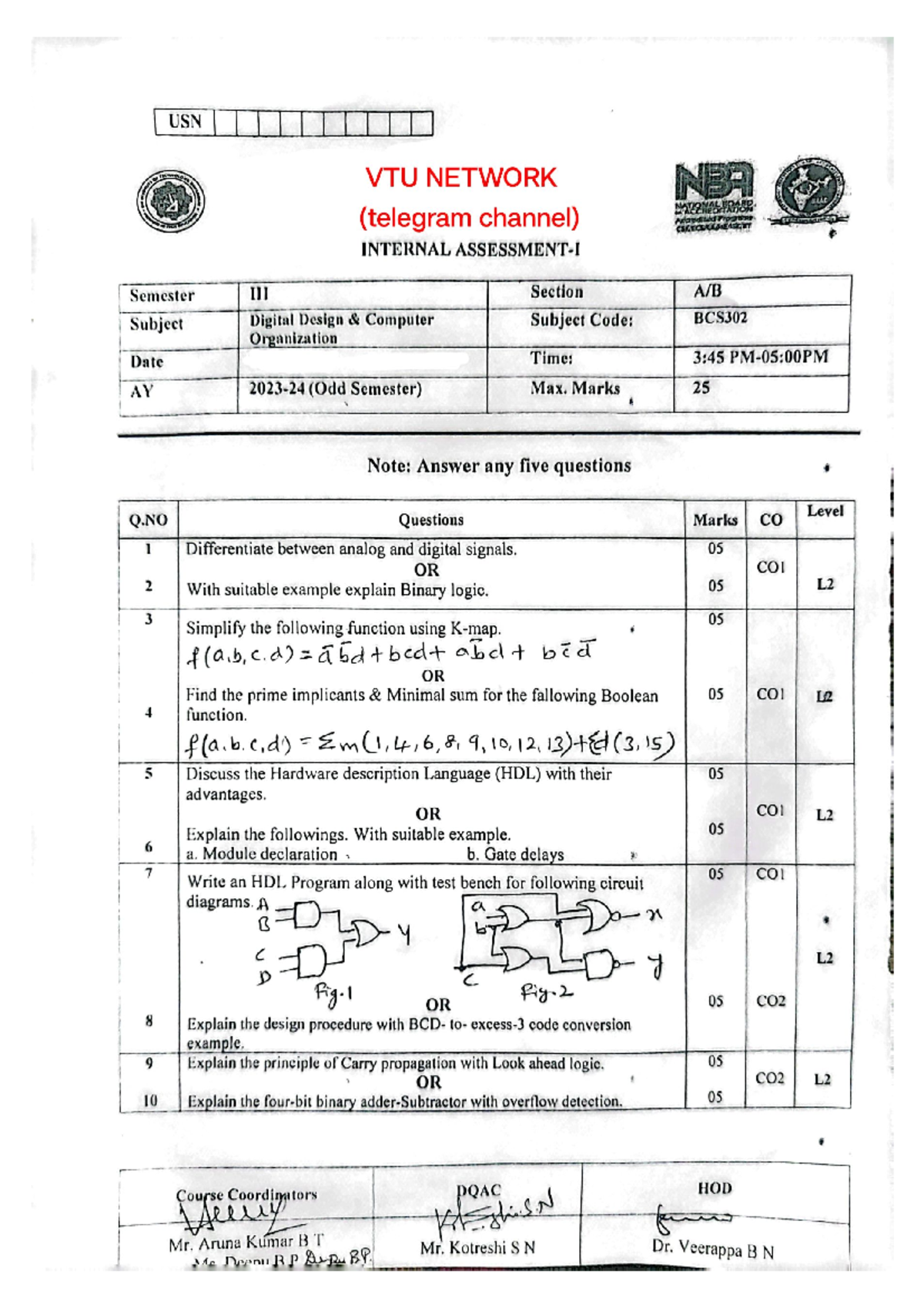 DDCO III sem i A 1 Question paper @vtunetwork - Computer Science and Engineering - Studocu