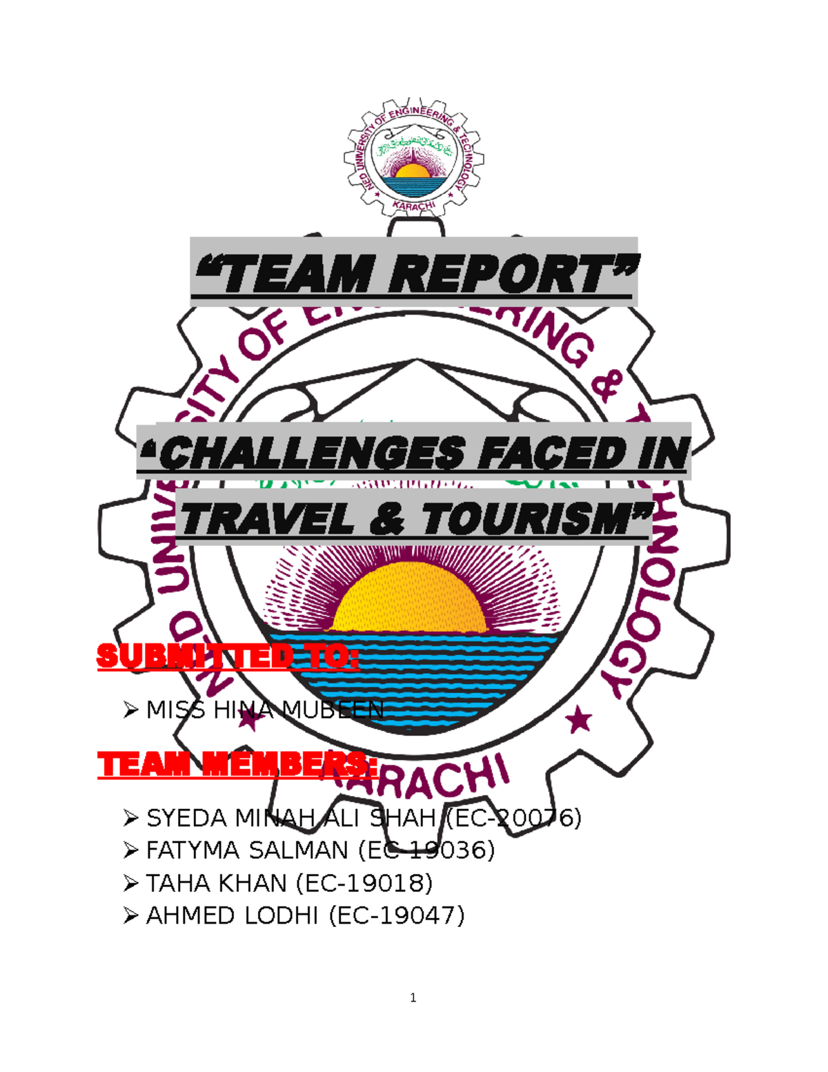 BRM report - “TEAM REPORT” “CHALLENGES FACED IN TRAVEL & TOURISM ...