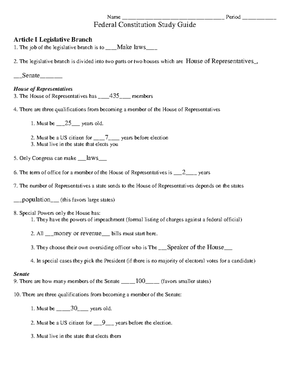 Constitution Study Guide Federal Complete Answers -2 - Name
