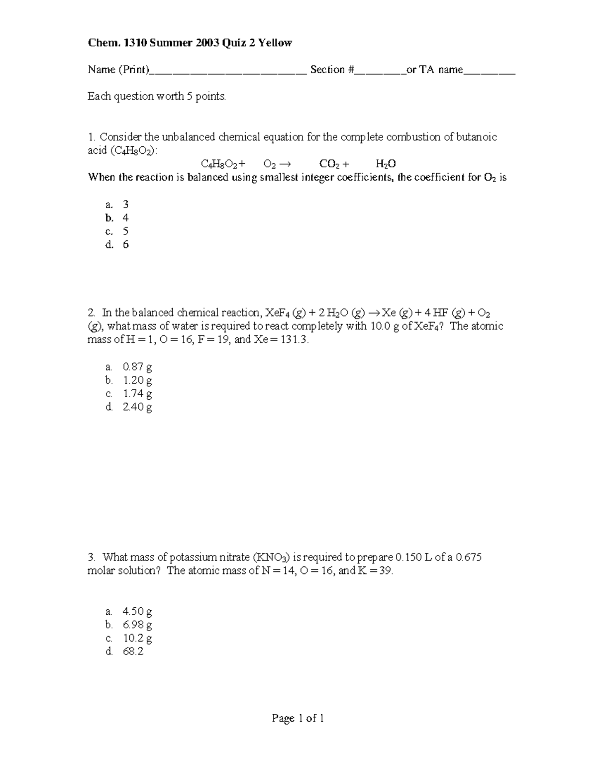 SU03 Quiz 2 Y - Practice Quizzes - Chem. 1310 Summer 2003 Quiz 2 Yellow ...