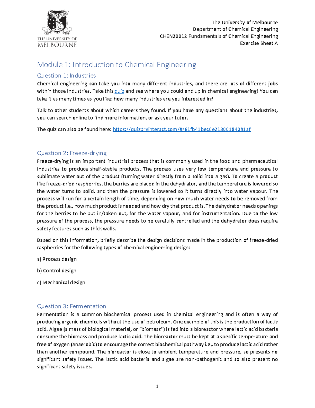 Exercise Sheet A - Department of Chemical Engineering CHEN20012 ...