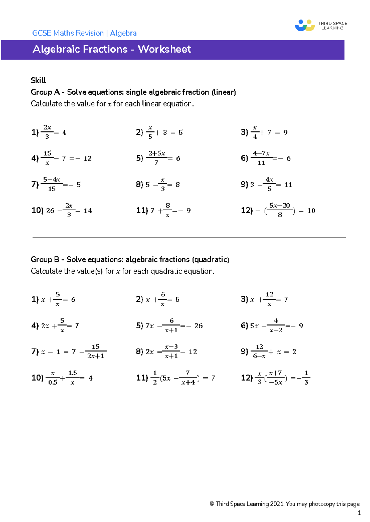 Maths Algebraic Fractions GCSE Worksheet - Algebraic Fractions ...