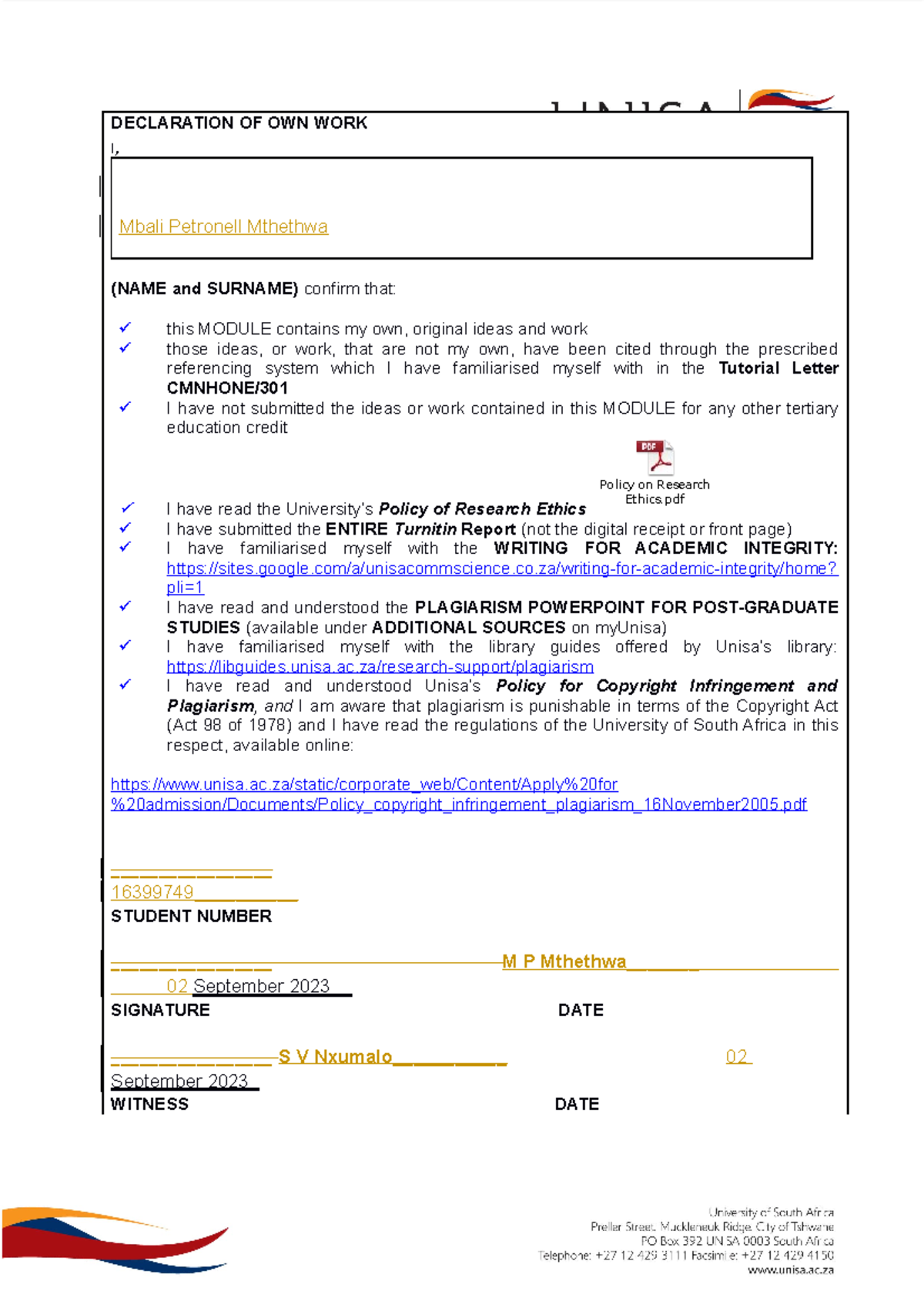 Declaration template - DECLARATION OF OWN WORK I, Mbali Petronell ...