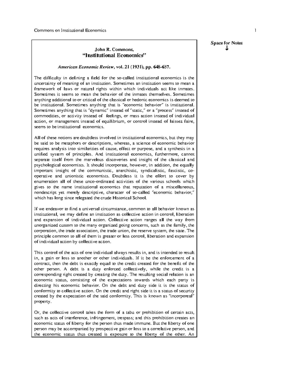 Institutional Economics by John Commons - John R. Commons ...