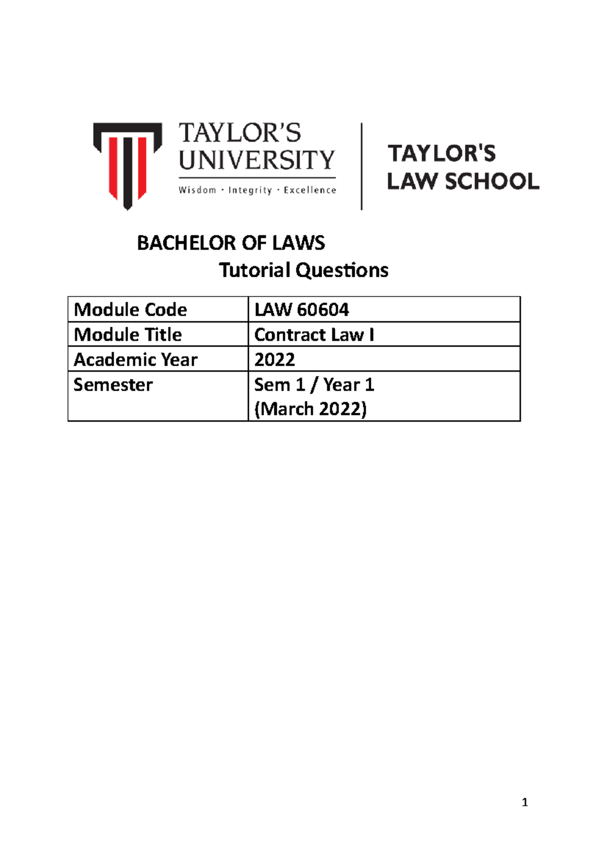 Tutorial Guide 2022 - ssd - 1 BACHELOR OF LAWS Tutorial Questions ...