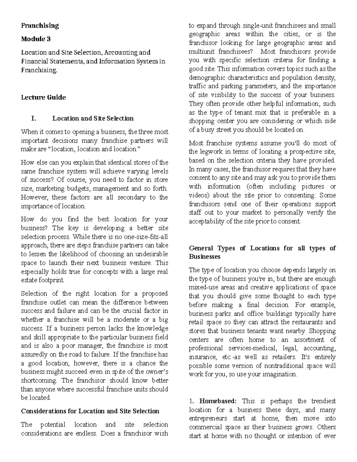 Franchising-module - fRANCHISING - Franchising Module 3 Location and ...