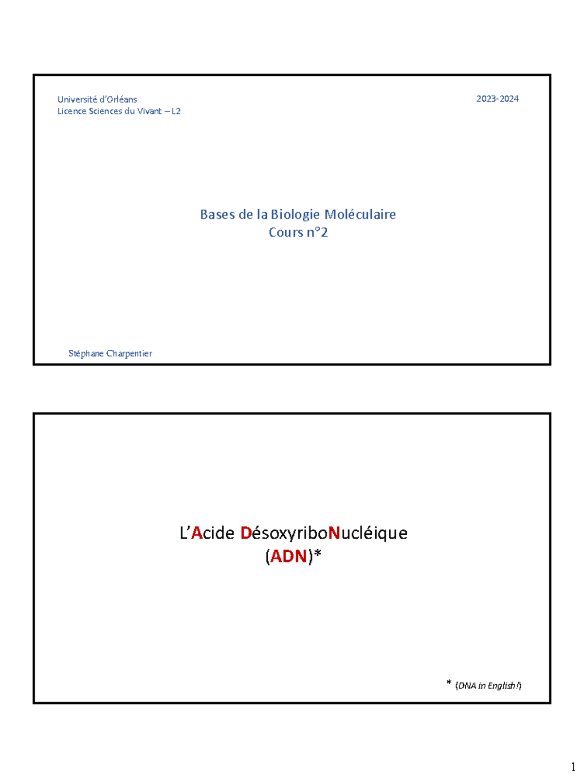 Cours 2 ADN L2 format 16-9 2023-2024 - Université d’Orléans Licence Sciences du Vivant – L 2023 ...