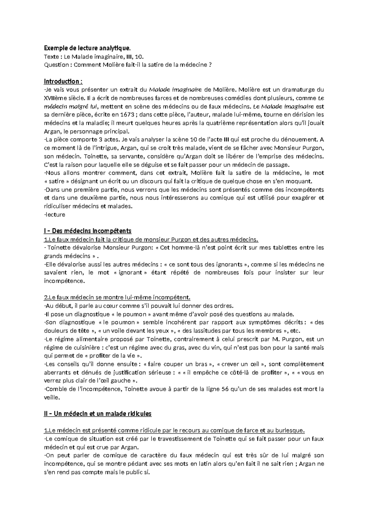 Lecture analytique Molière - Exemple de lecture analytique. Texte : Le ...