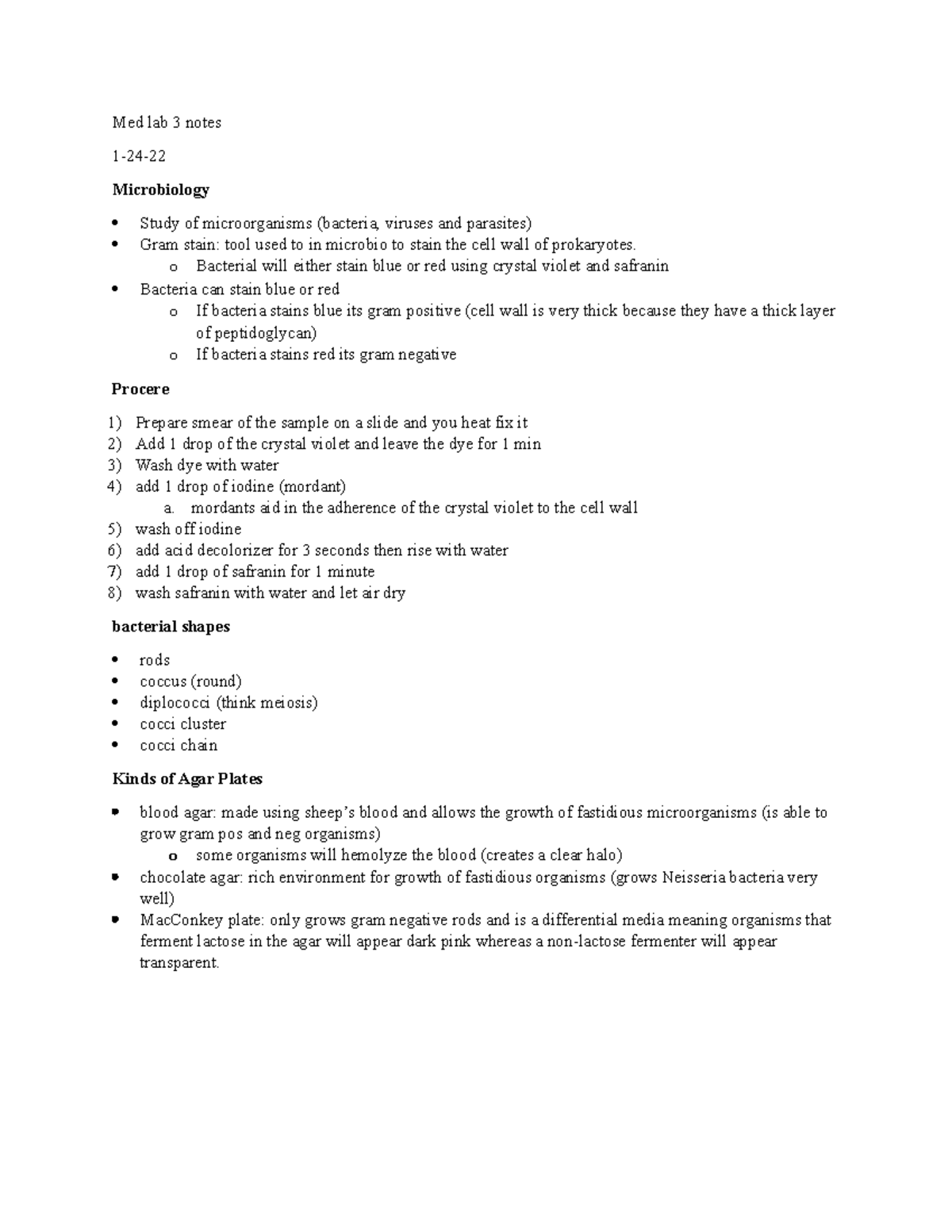Med lab 3 notes - Med lab 3 notes 1-24- Microbiology Study of ...