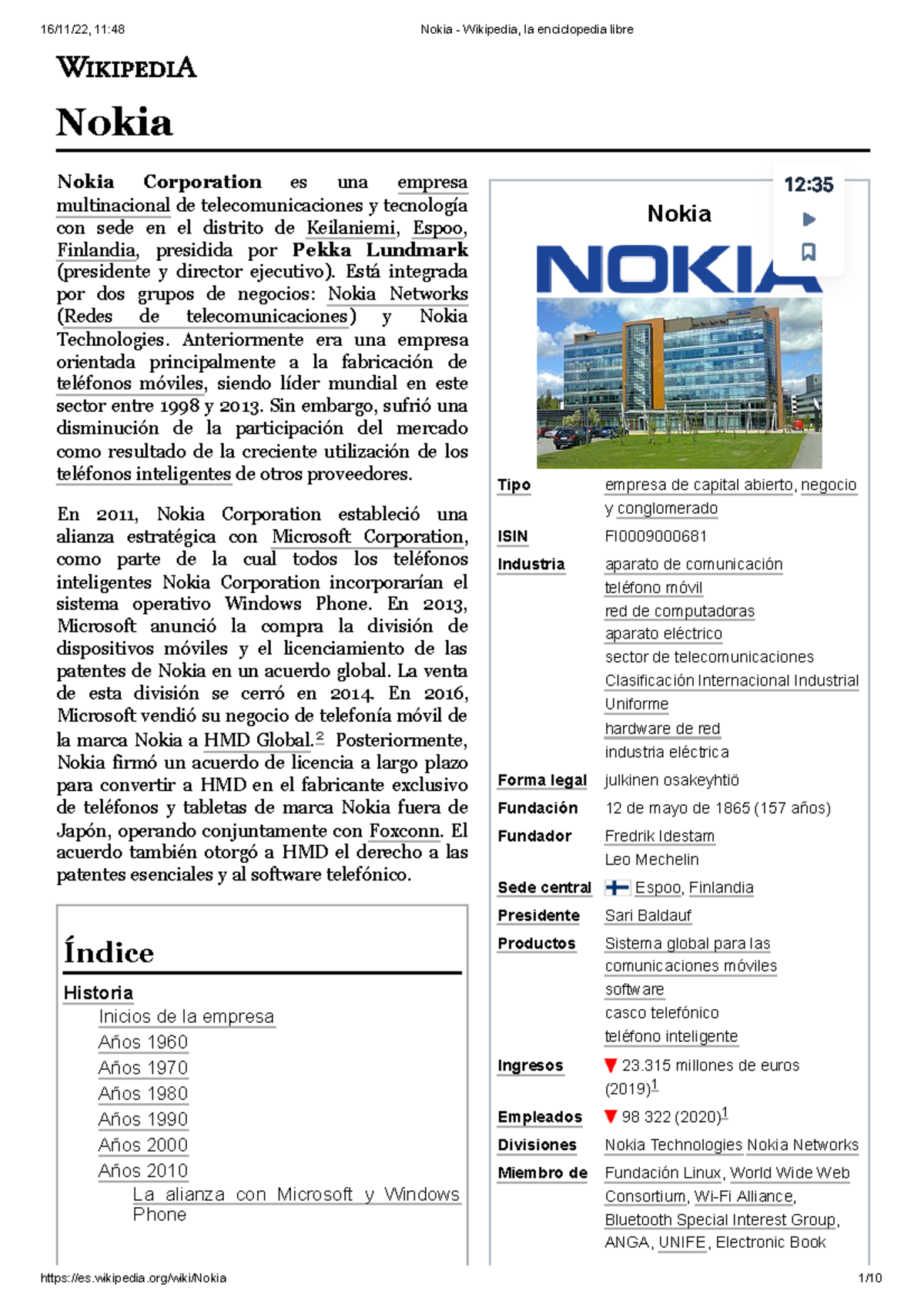 Nokia - breve historia - 2018/2019 - cuatrimestral - Nokia Tipo empresa ...