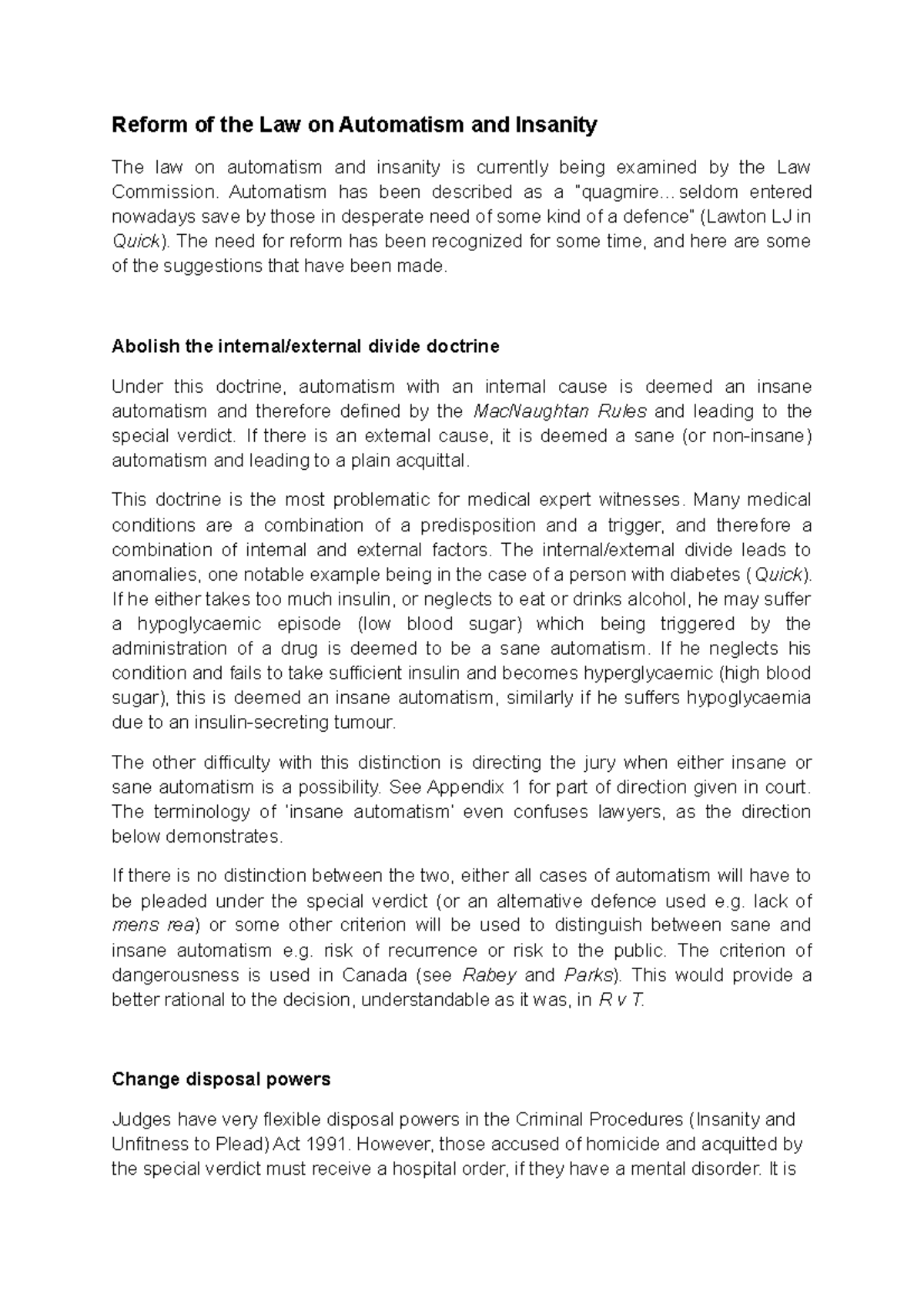 Reform of the law on automatism and insa - Reform of the Law on ...