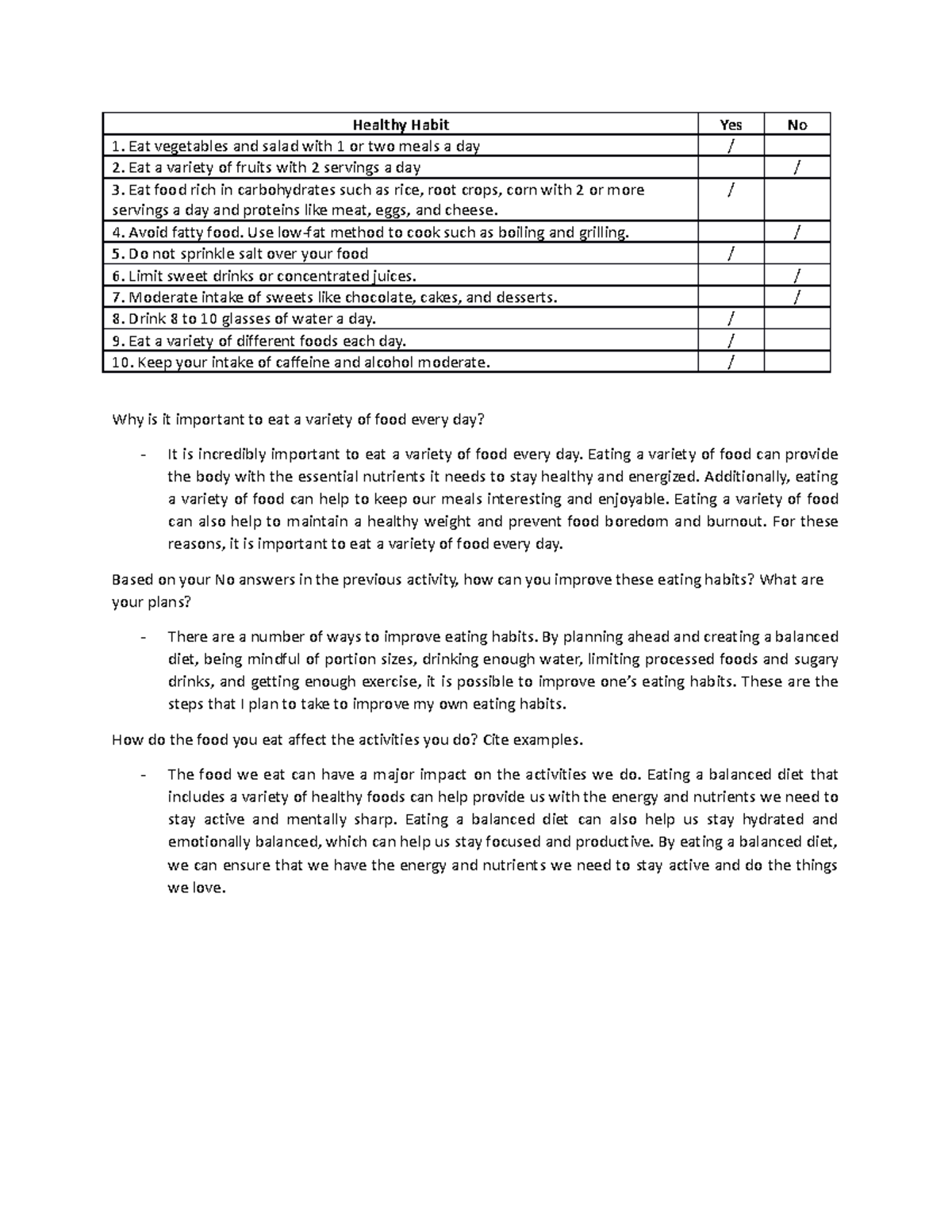 Healthy Eating Self-Assessment - Healthy Habit Yes No Eat vegetables ...