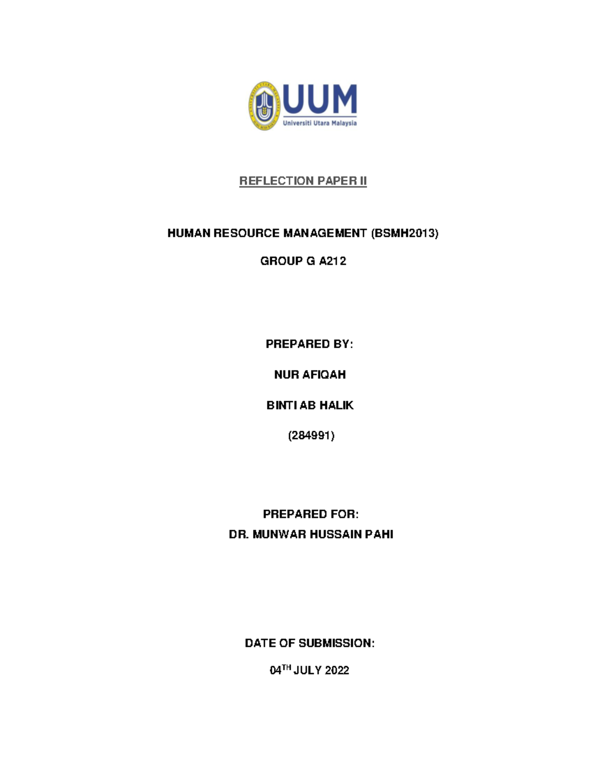 Reflection Paper - REFLECTION PAPER II HUMAN RESOURCE MANAGEMENT ...