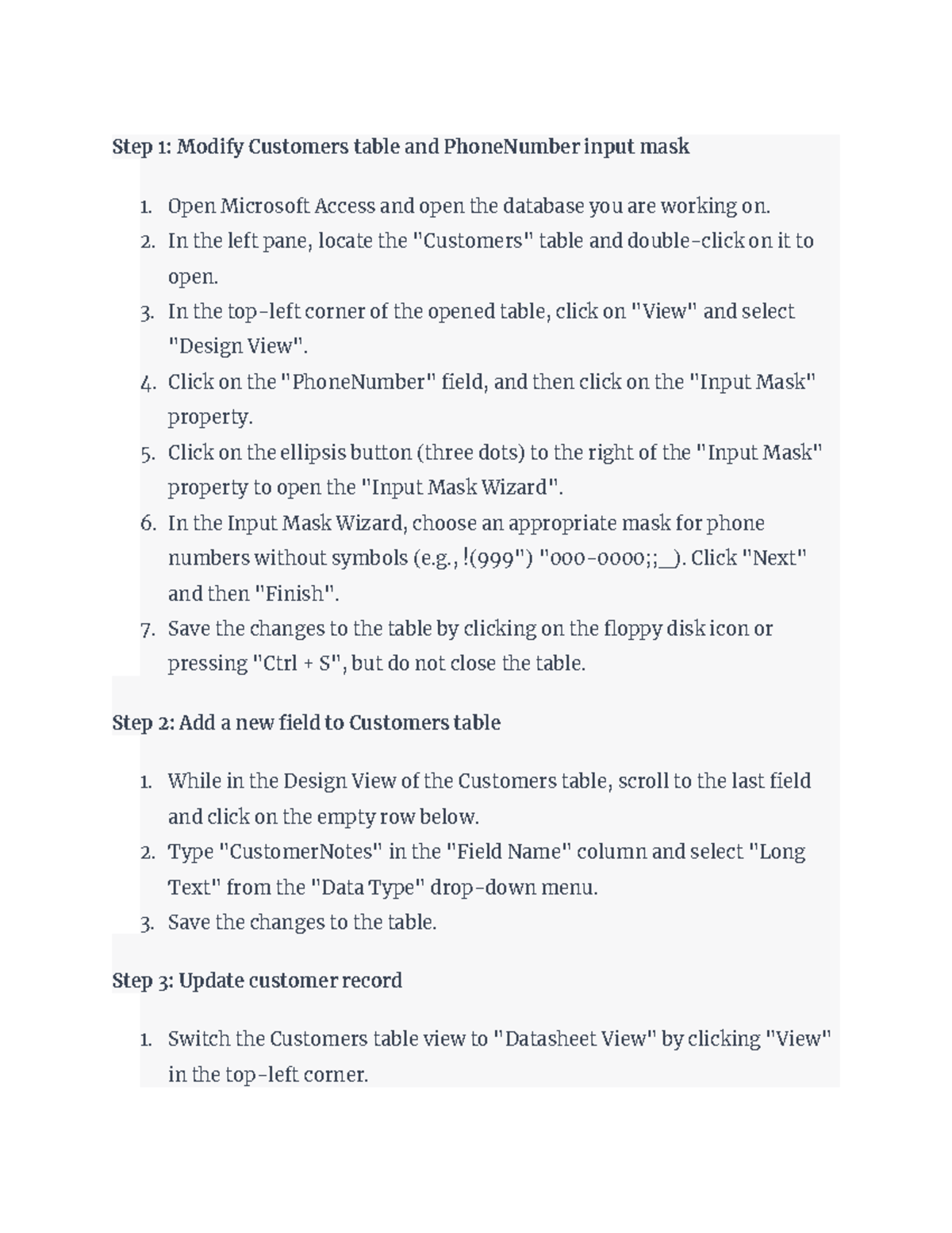 Instructions for Project 6 acess - Step 1: Modify Customers table and ...