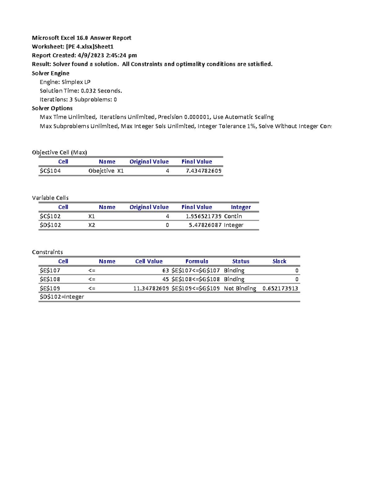PE 4 - Practice Question for BU5401/8401 - Microsoft Excel 16 Answer Report Worksheet: [PE 4 ...