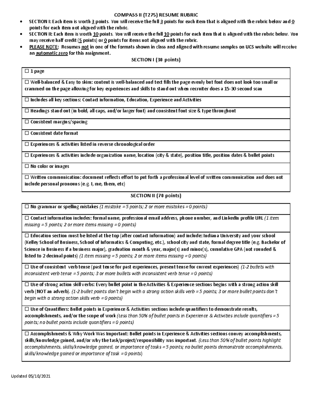 Compass II - Resume Rubric - updated May 2021 - Updated 05/10/ COMPASS ...
