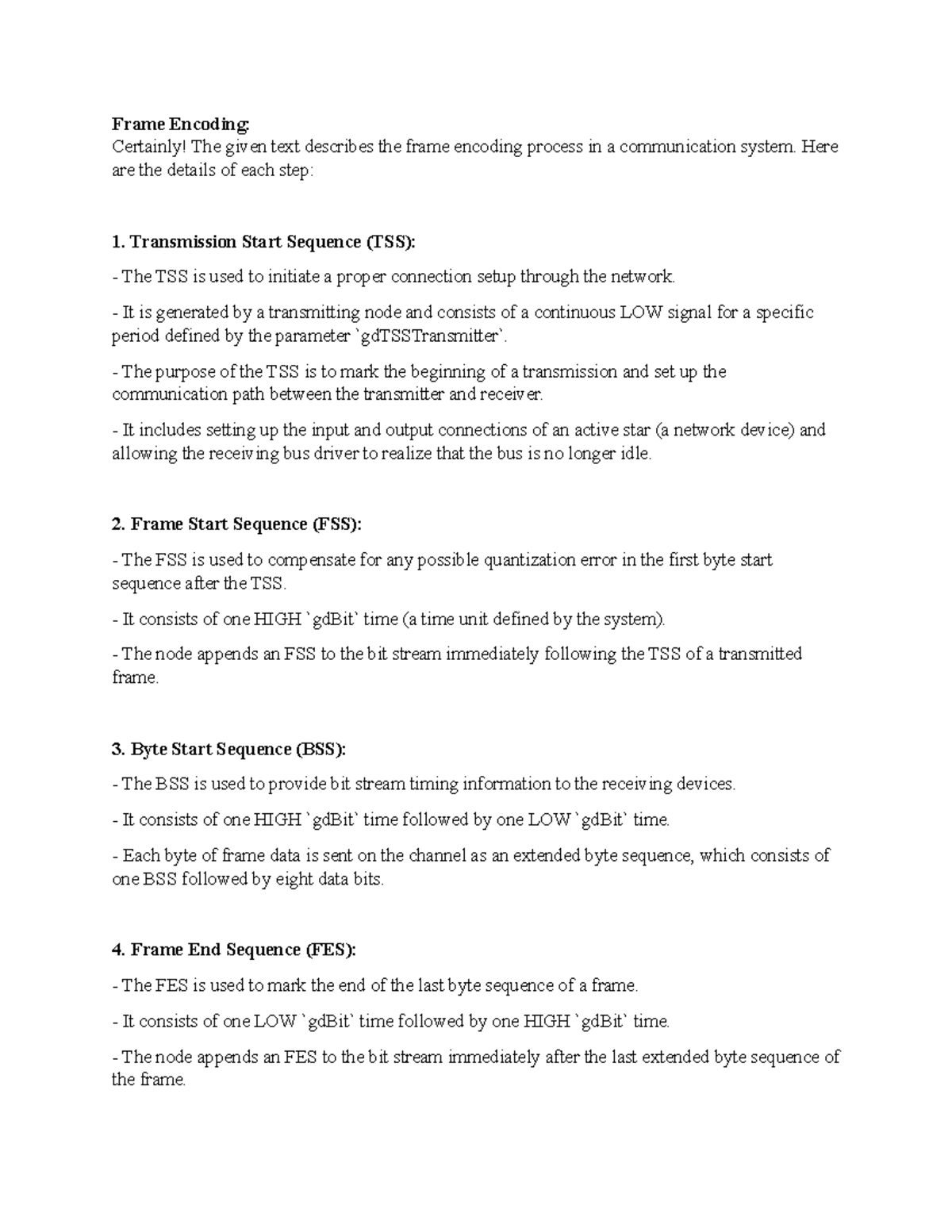 Unit 4 - FlexRay Coding and Decoding - Frame Encoding: Certainly! The ...