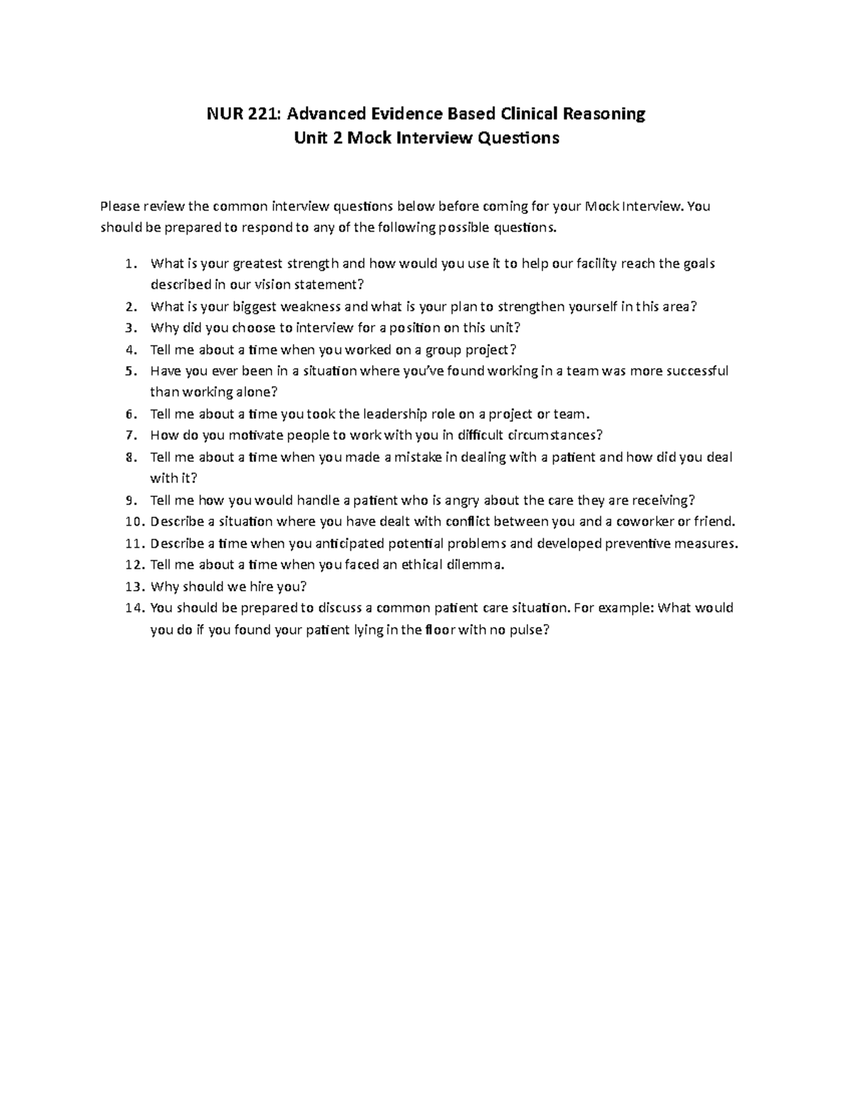 Mock Interview Questions - NUR 221: Advanced Evidence Based Clinical ...
