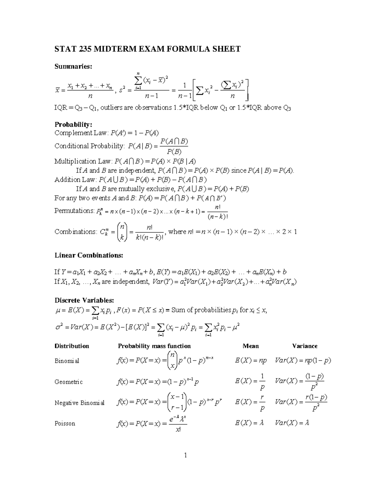 235Formulas W 2015 Midterm - 1 STAT 235 MIDTERM EXAM FORMULA SHEET Summaries: n x x x x n = 1 2 ...