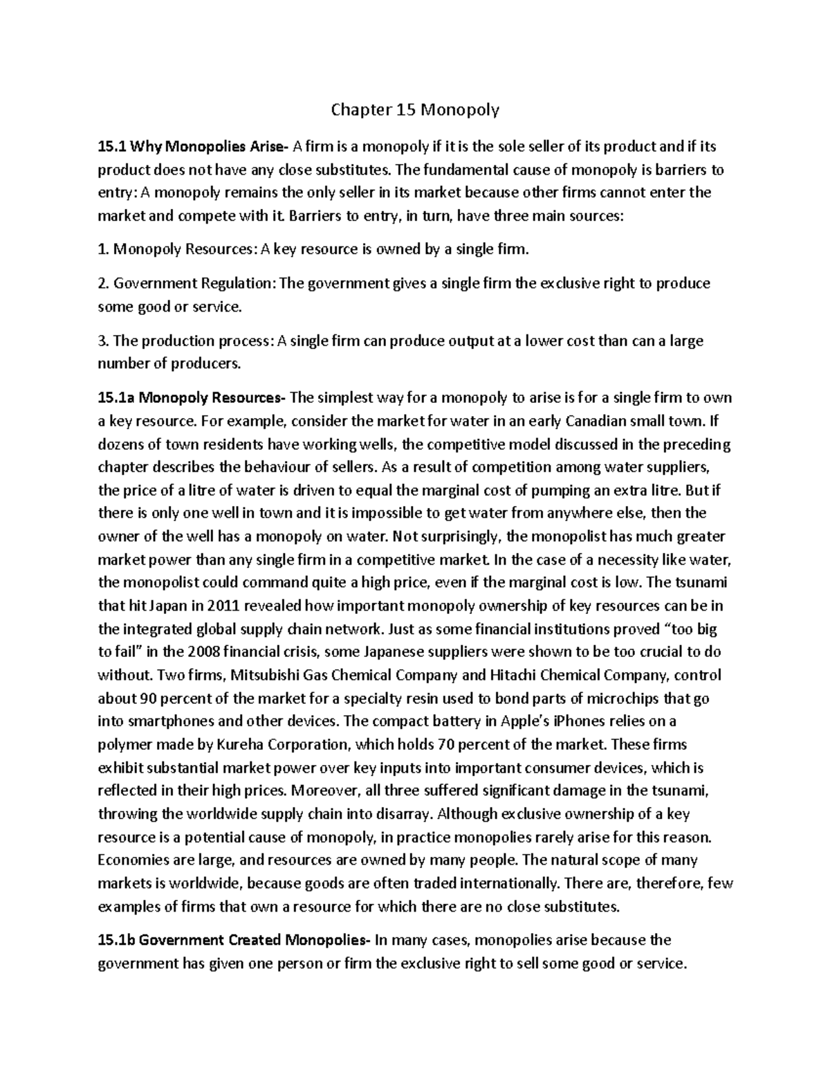 ECON 247 Lesson 8 - Chapter 15 Monopoly 15 Why Monopolies Arise- A firm ...