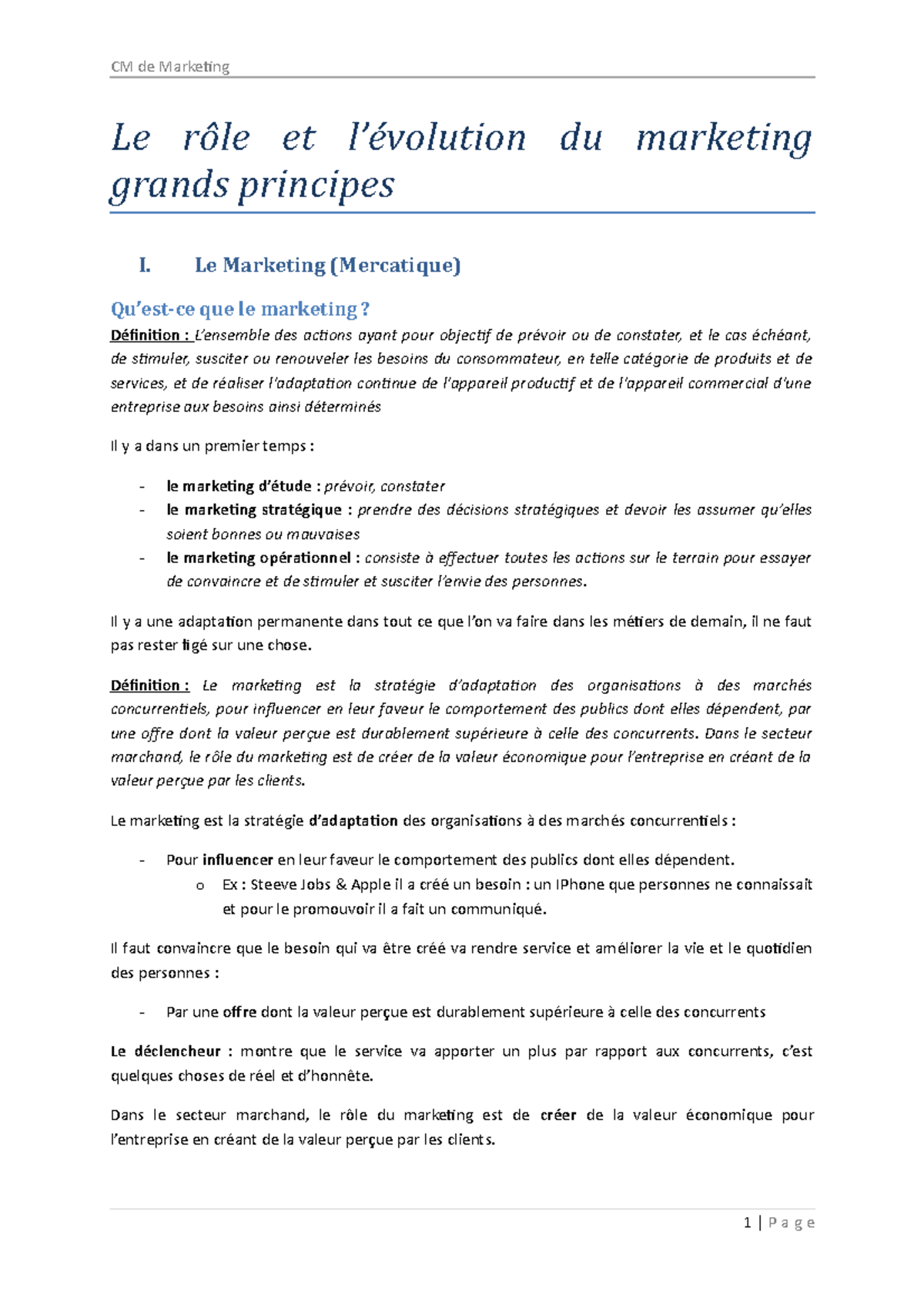 Introduction au Marketing 1 - CM de Marketing Le et du marketing grands principes I. Le ...