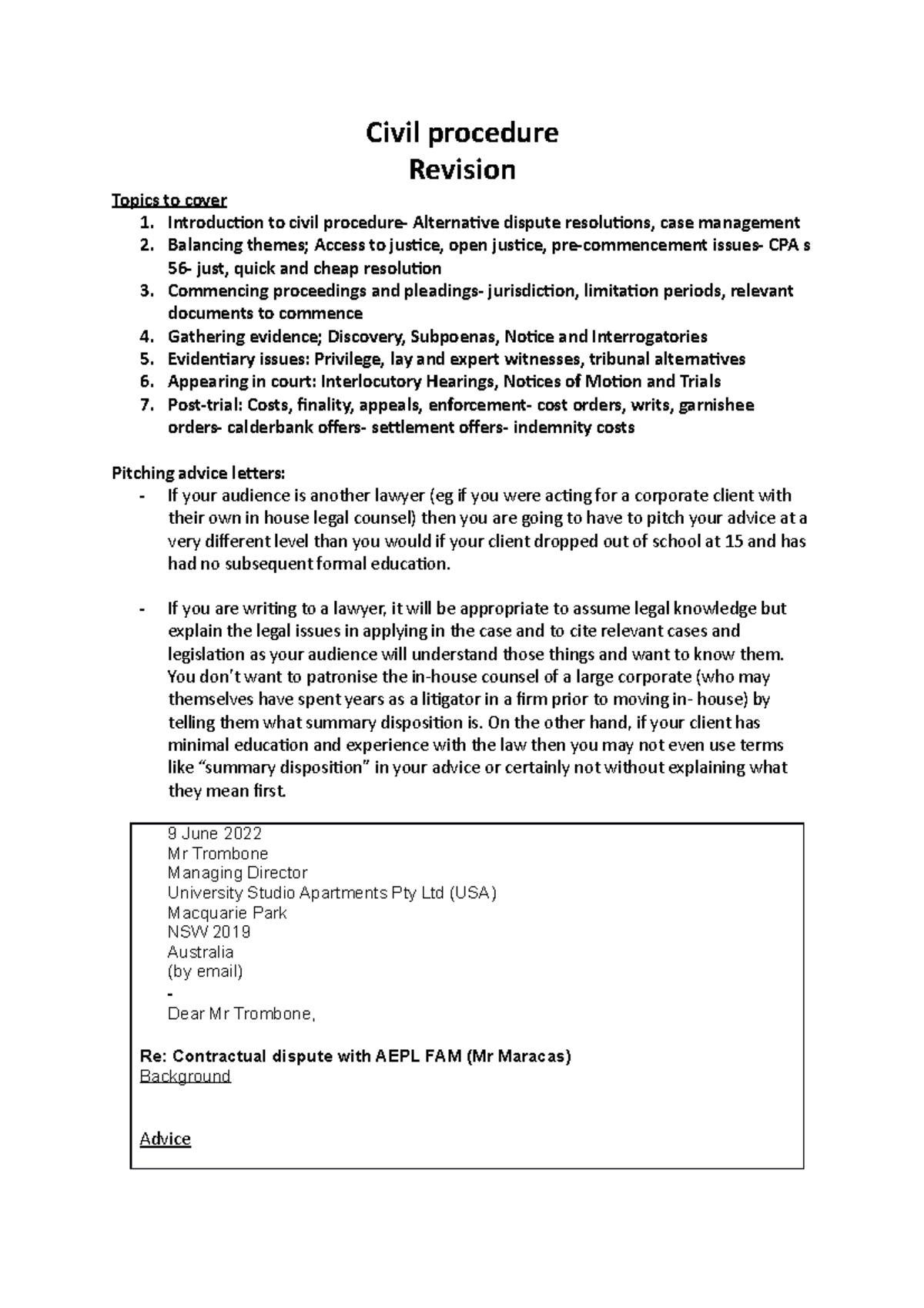 Civil procedure revision - Civil procedure Revision Topics to cover 1 ...
