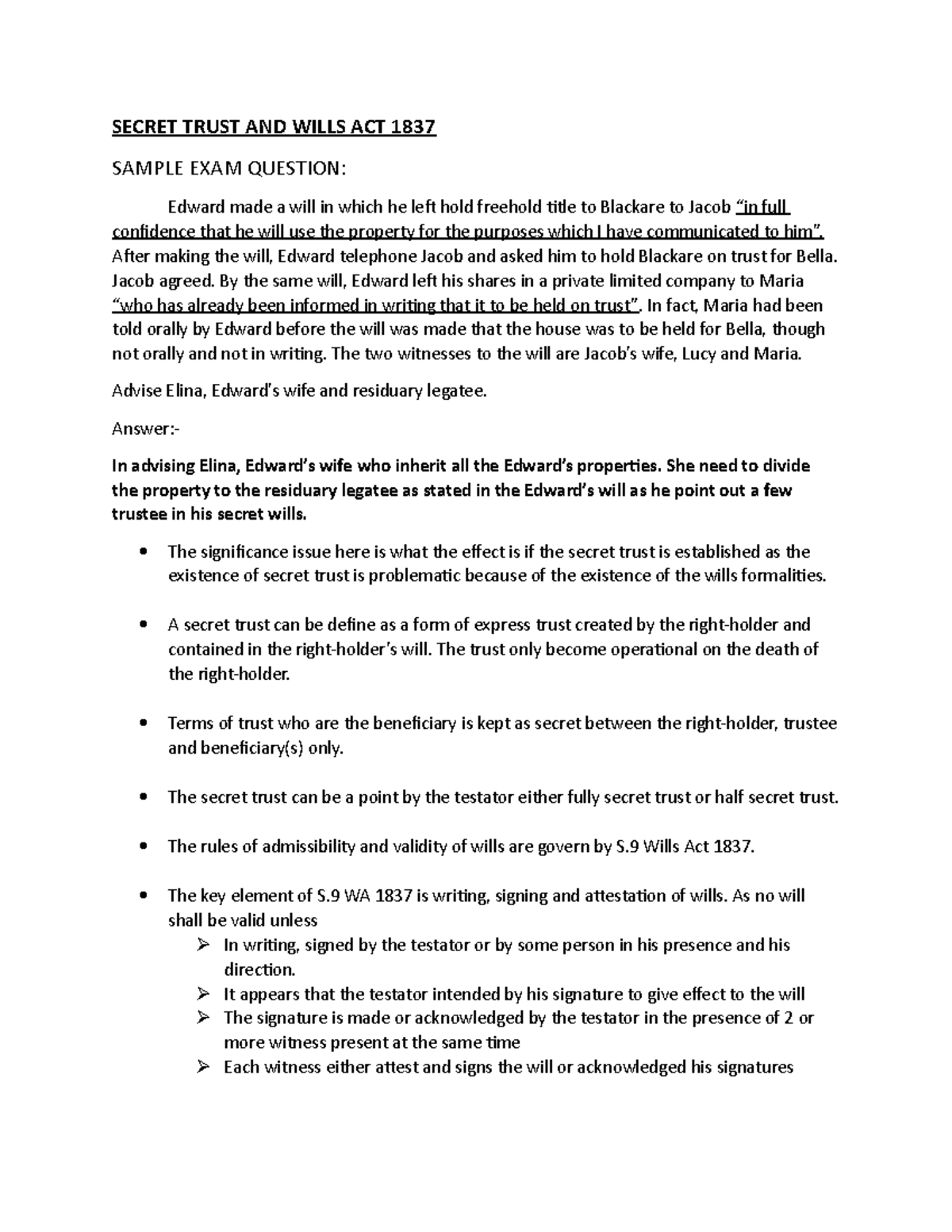 Sample/practice exam 2020, questions and answers - SECRET TRUST AND ...