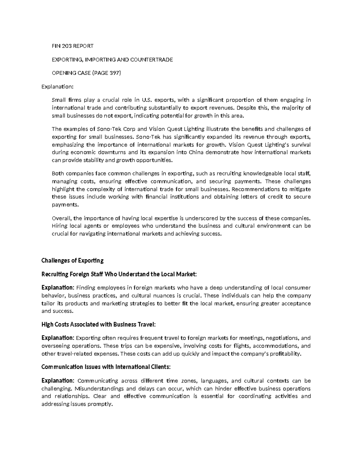 fin report and lecture - FIN 203 REPORT EXPORTING, IMPORTING AND COUNTERTRADE OPENING CASE (PAGE ...