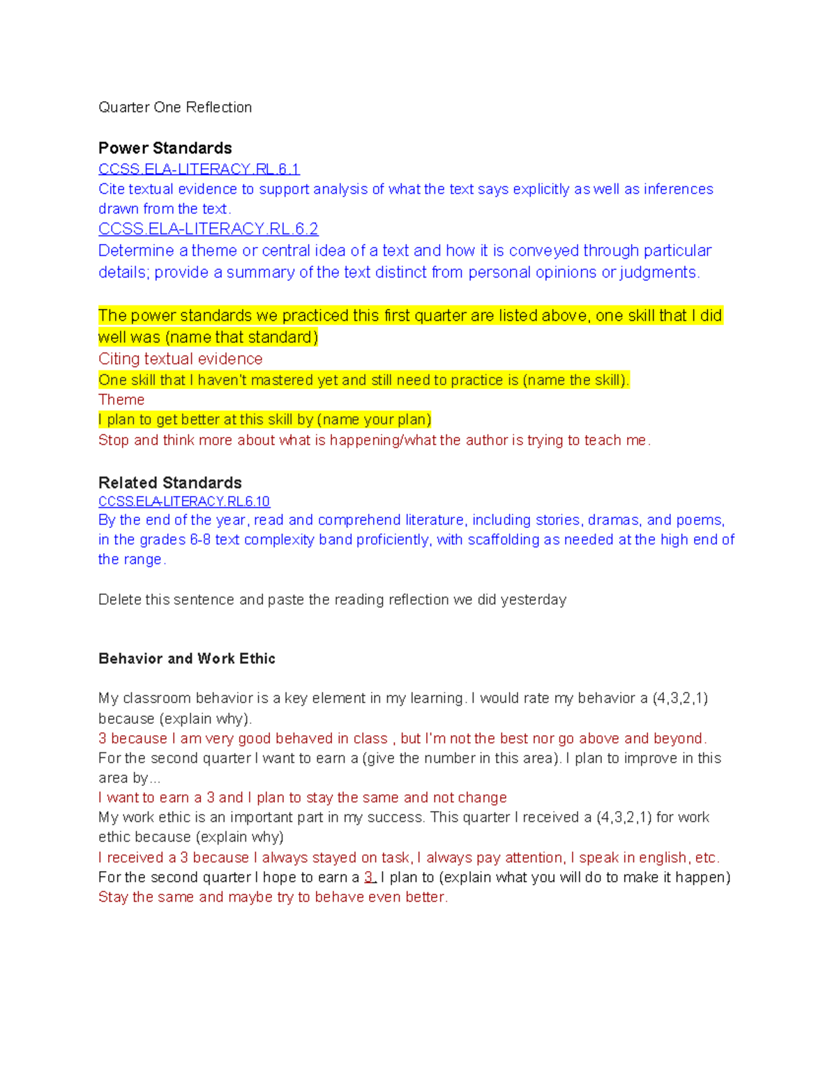 Copy of Quarter One Reflection Sheet - Quarter One Reflection Power ...