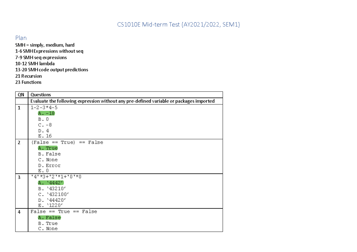 2021 Q - Mock paper - CS1010E Mid-term Test (AY2021/2022, SEM1) Plan ...