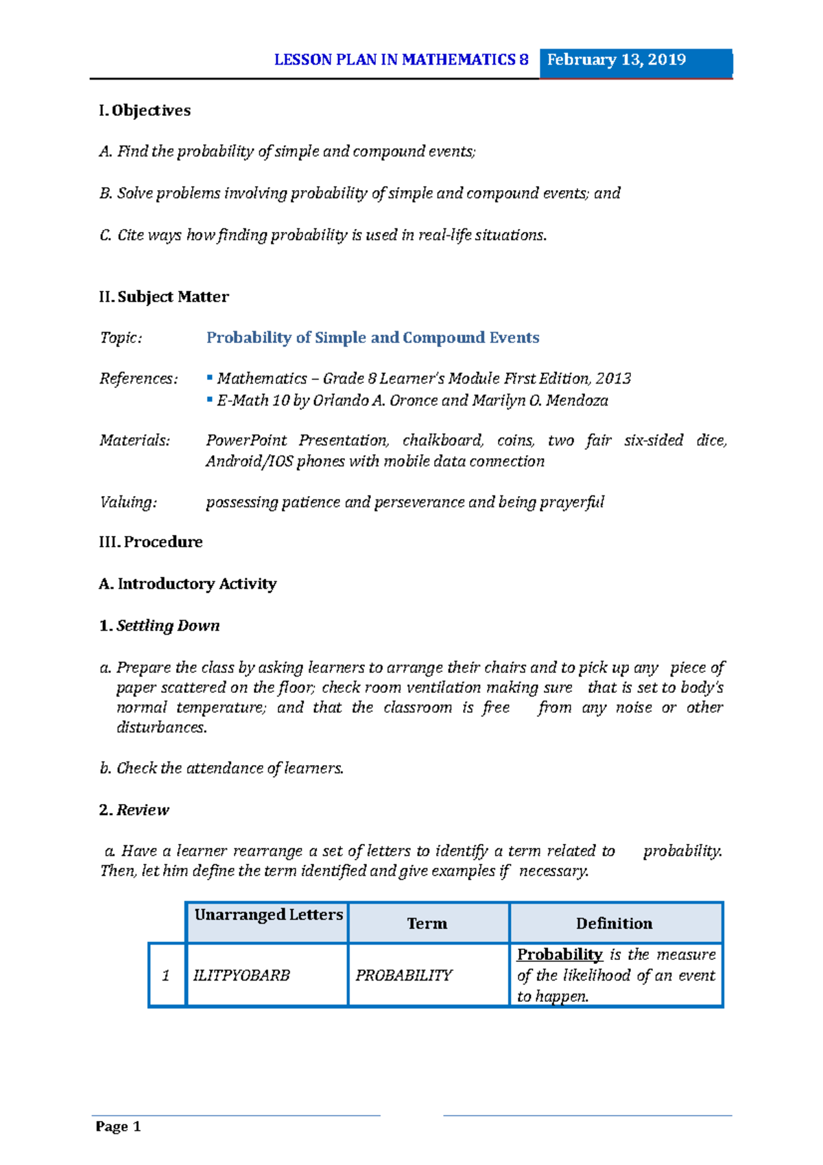 Lesson Plan on Probability of Simple Eve - I. Objectives A. Find the ...