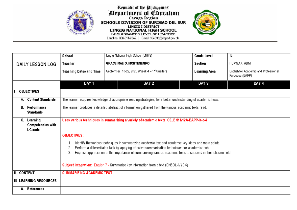 Week 4 DLL in EAPP (1st Quarter) - DAILY LESSON LOG School Lingig ...