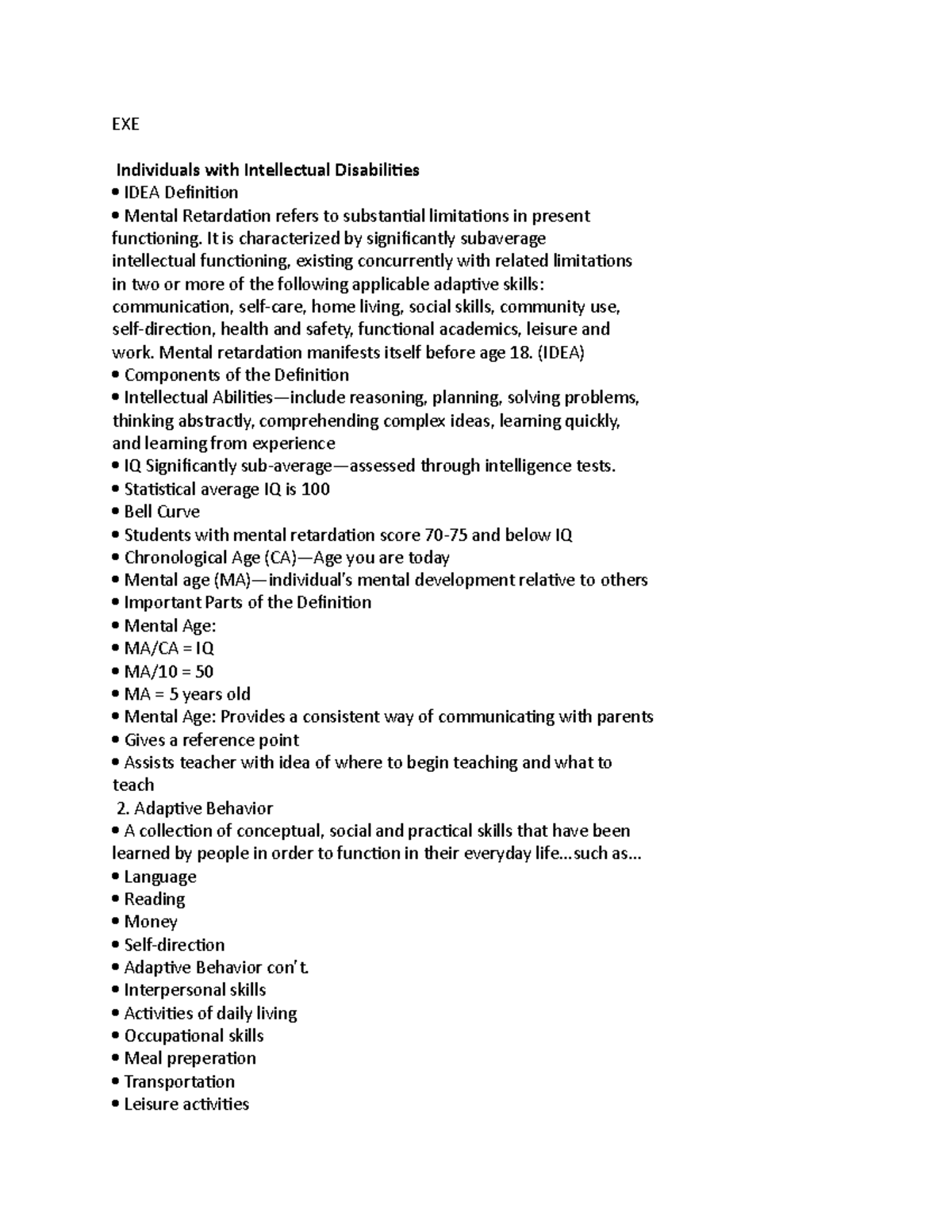 EXE lecture notes - EXE Individuals with Intellectual Disabilities IDEA ...
