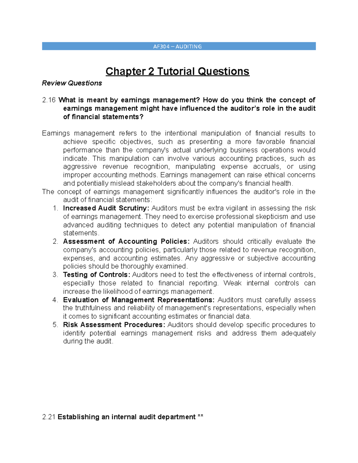 Af304 Tutorial 2 sol - AF304 – AUDITING Chapter 2 Tutorial Questions Review Questions 2 What is ...