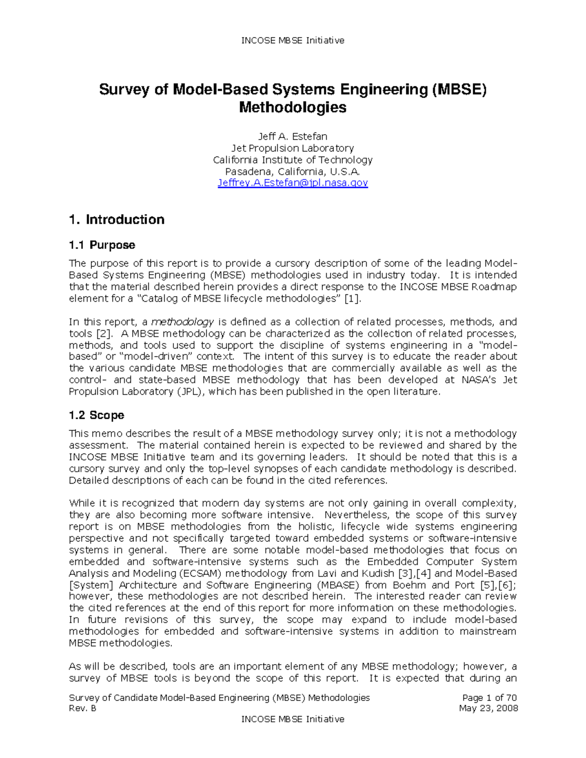 MBSE Methodology Survey Rev B - Survey of Candidate Model-Based Engineering (MBSE) Methodologies ...