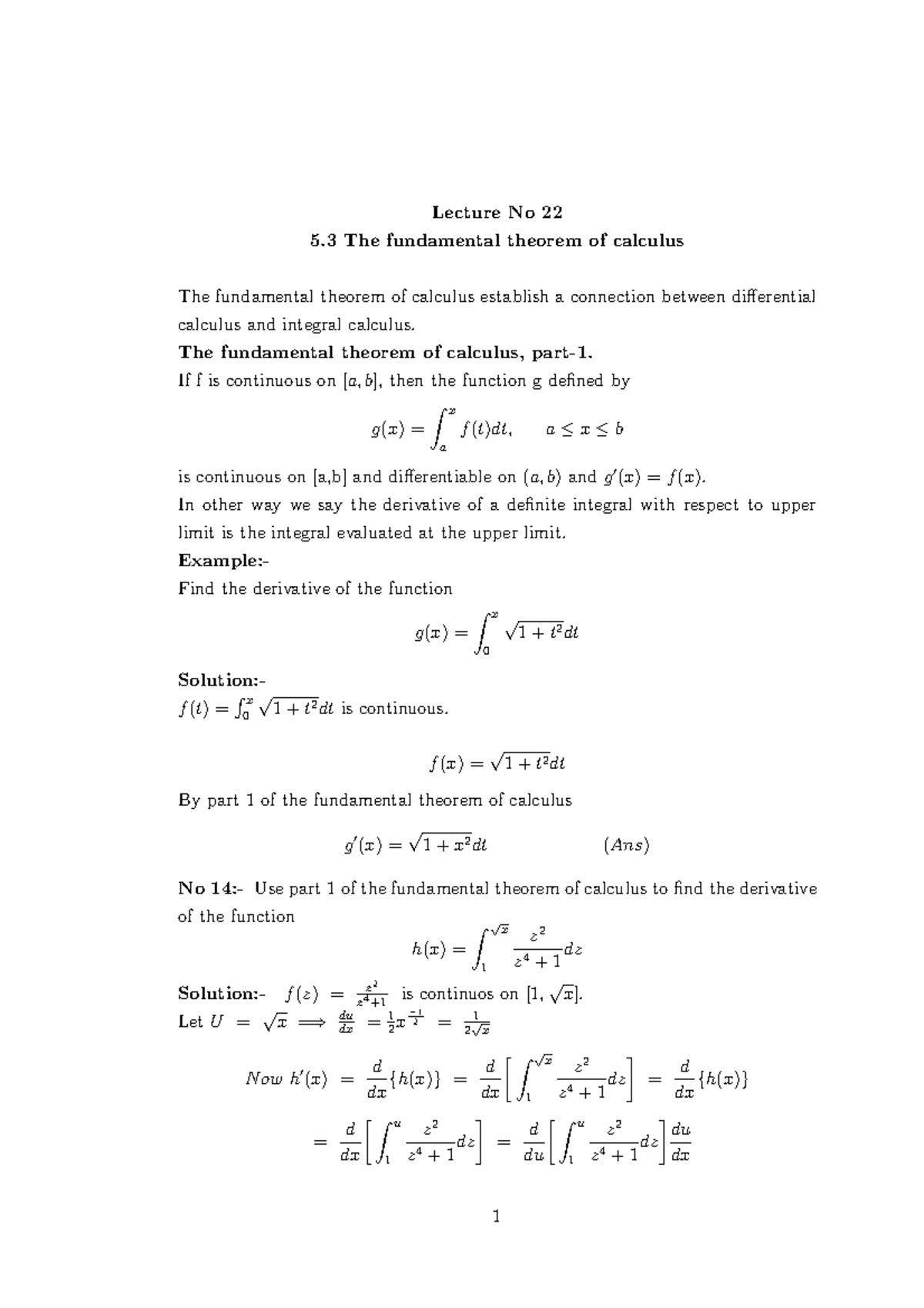 Lecture 22- notes - Lecture No 22 5 The fundamental theorem of calculus ...