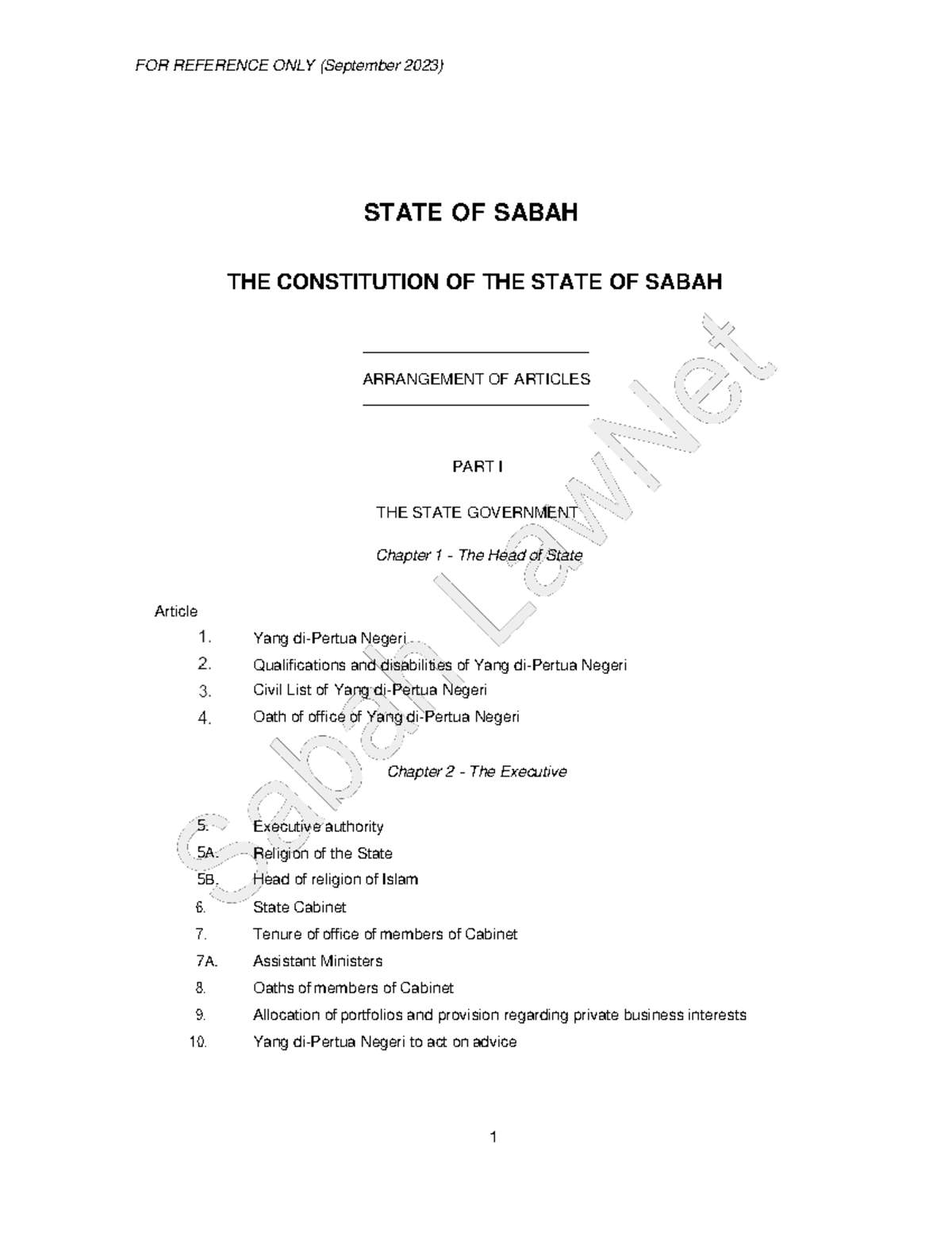 The Constitution of the State of Sabah - ARRANGEMENT OF ARTICLES PART I ...