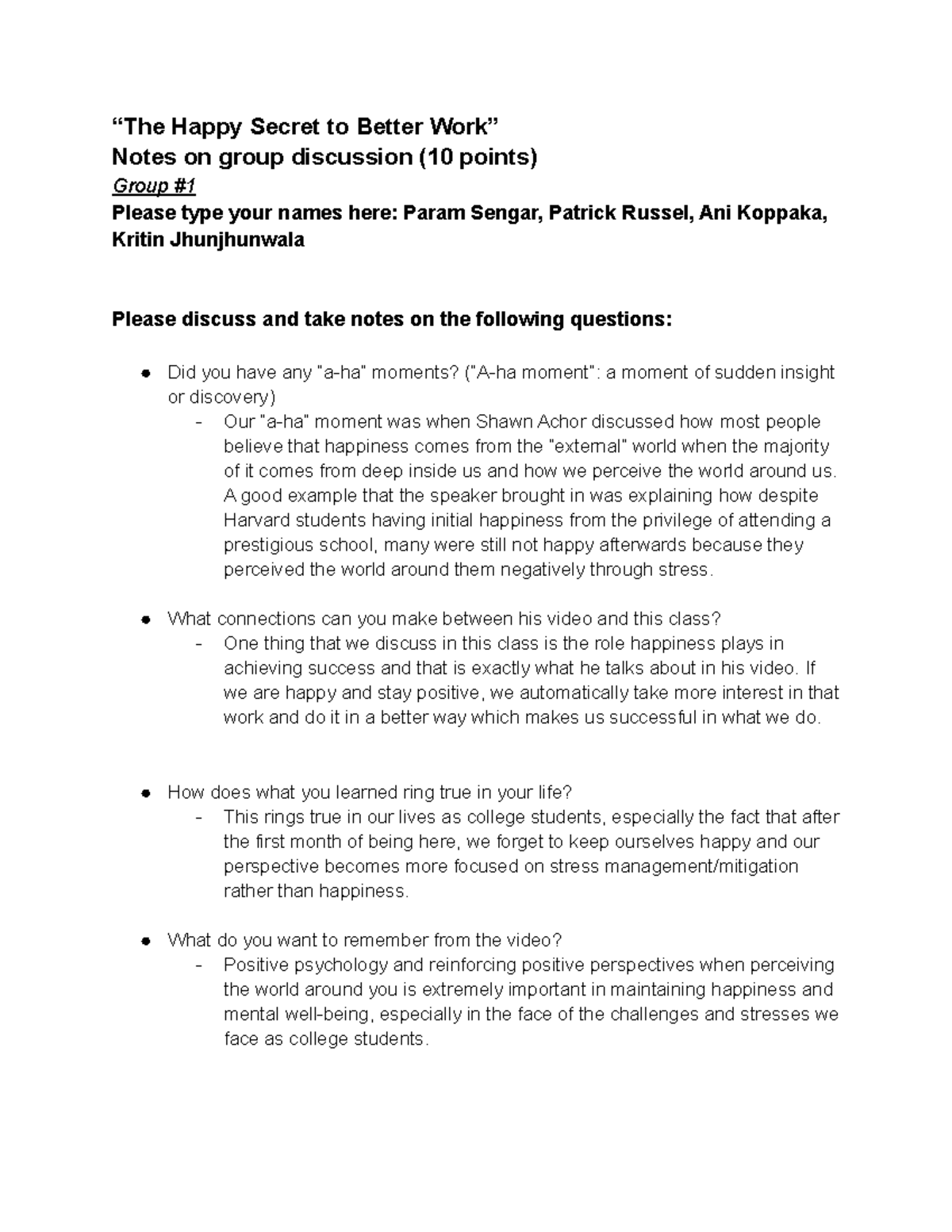 “The Happy Secret to Better Work” Group Discussion Spring 2021 - “The ...