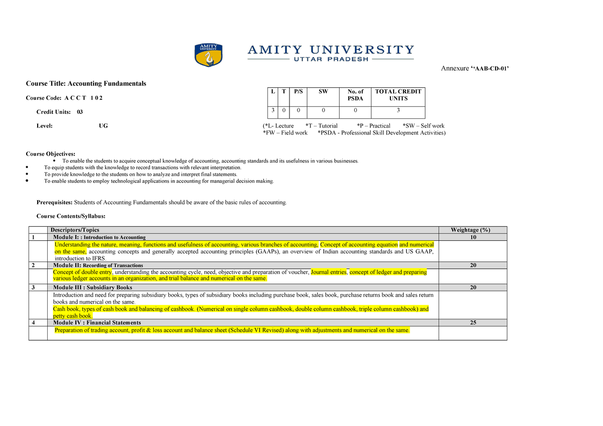 Accs syllabus - asfaf - Annexure ‘‘AAB-CD-01’ Course Title: Accounting ...
