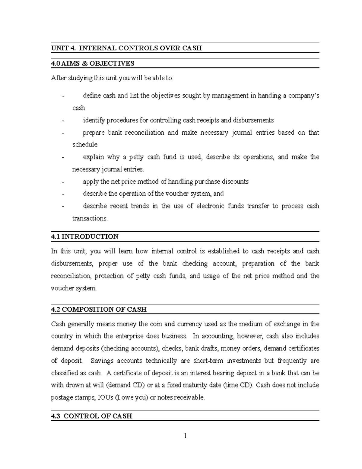 Caash - Lecture notes 1-15 - UNIT 4. INTERNAL CONTROLS OVER CASHUNIT 4 ...